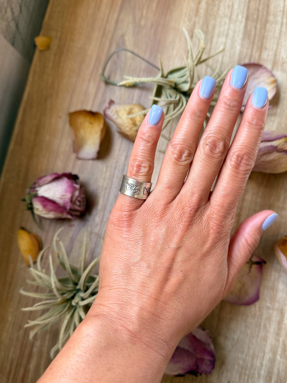 Sterling Silver Hand-Milled Wide Band “Poke the Bear” Stamped Ring – S